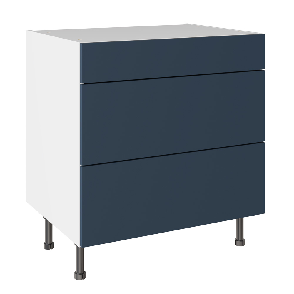 True Handleless Matt Blue 800 3 Drawer Base Kitchen Cabinet Flatpack ...